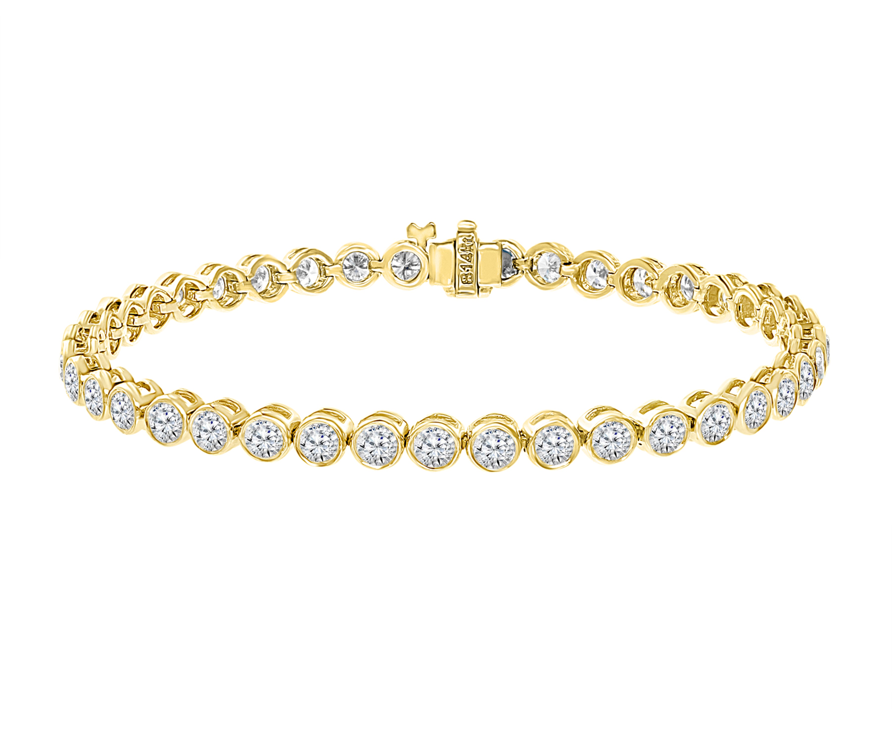 YELLOW GOLD BEZEL SET DIAMOND TENNIS BRACELET 6.28cttw. – Nelly's and Co